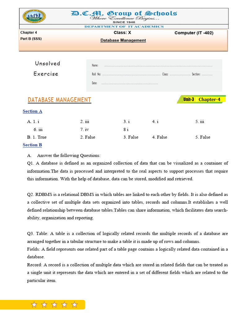 Class X Part B CH4_ Unsolved Exercise (1) | PDF | Databases | Data Type
