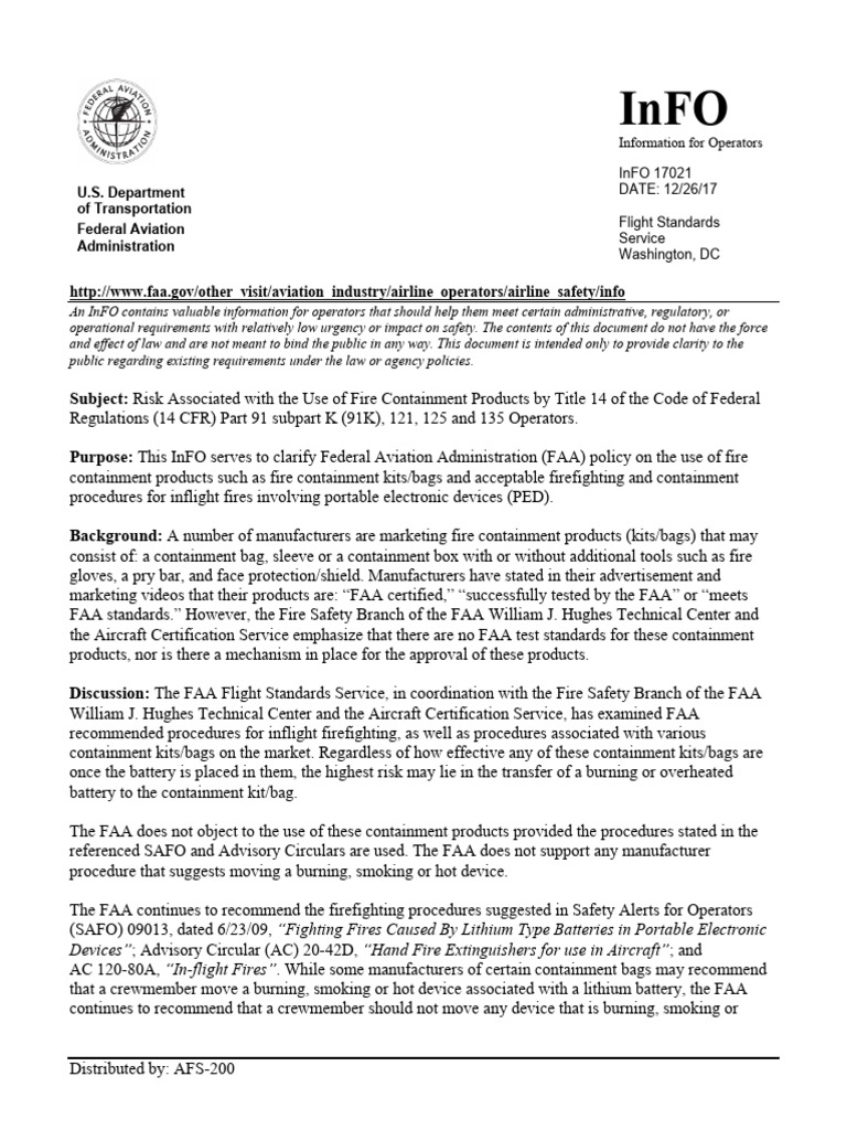 FAA Guidance on Fire Containment Products | PDF | Federal Aviation ...