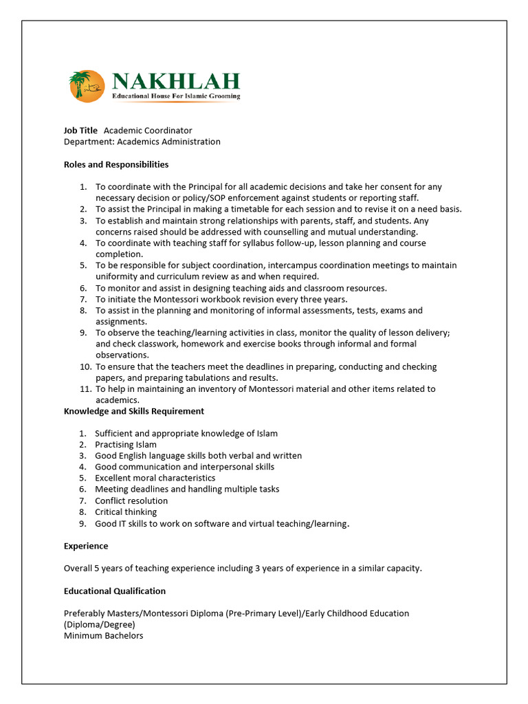JD-Academic Coordinator-Pre-Primary&Primary | PDF