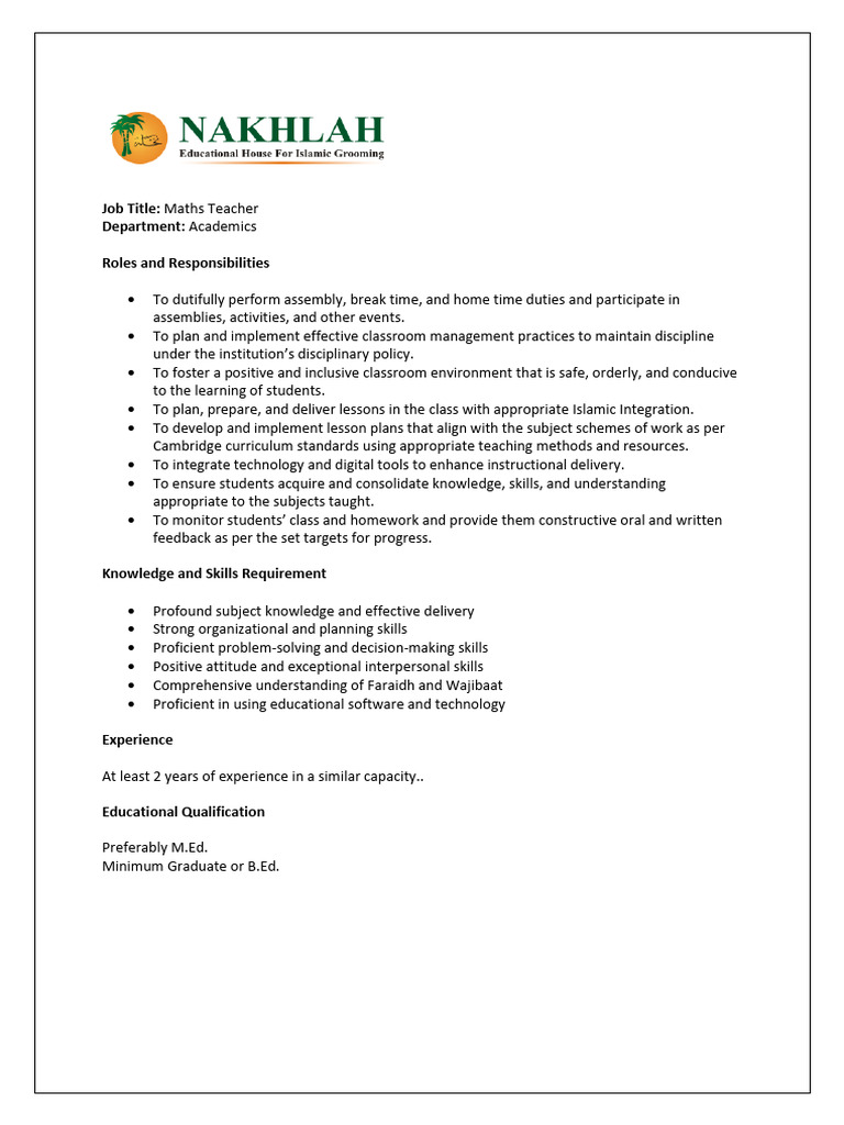 Maths Teacher Job Description | PDF