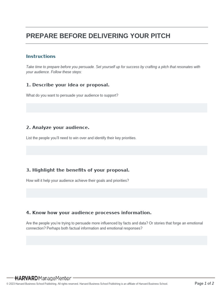 Persuading Others Worksheet Prepare Before Delivering Your Pitch | PDF