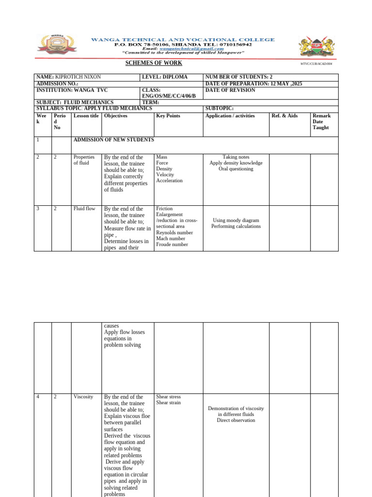 Fluid Mechanics Scheme of Work | PDF | Fluid Dynamics | Viscosity