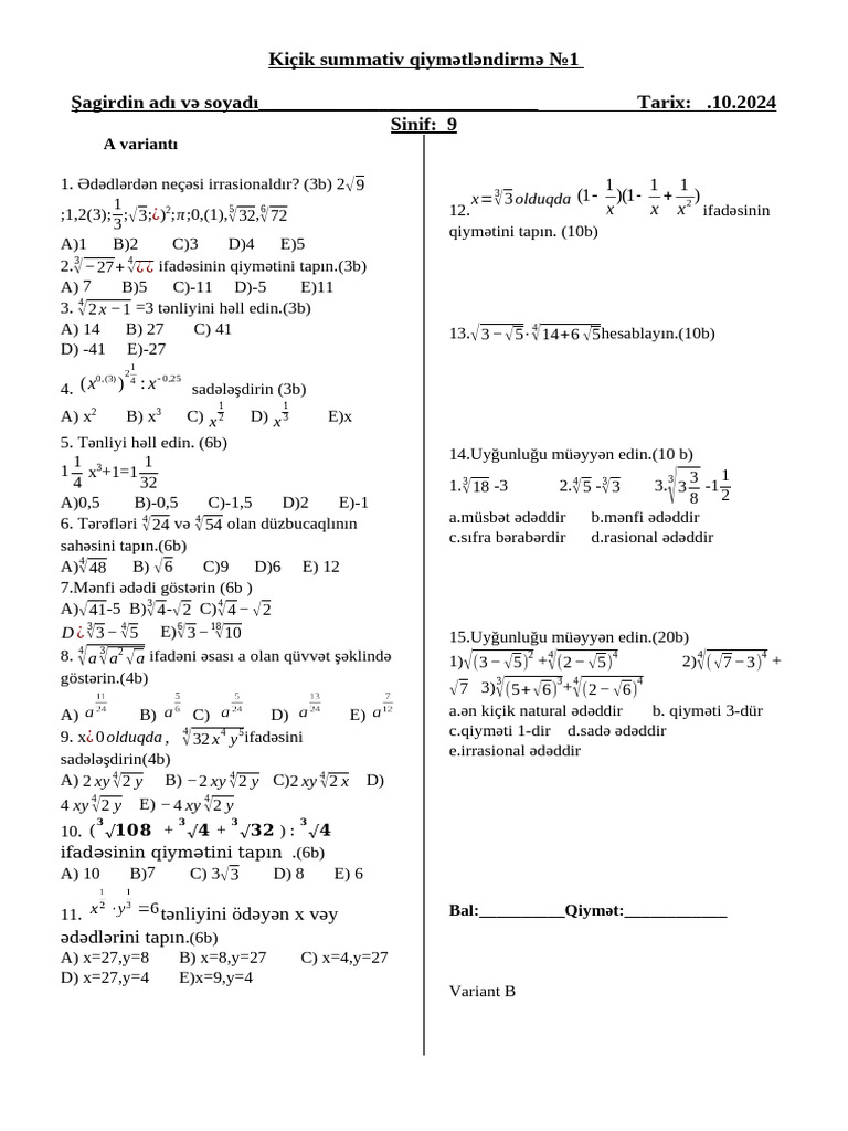 9-Ci Sinif KSQ 1 | PDF