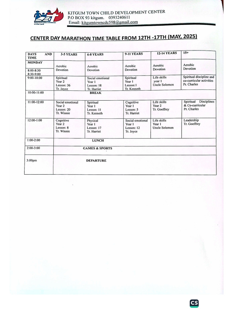 Time Table and Duty Rota For Marathon Center Day | PDF