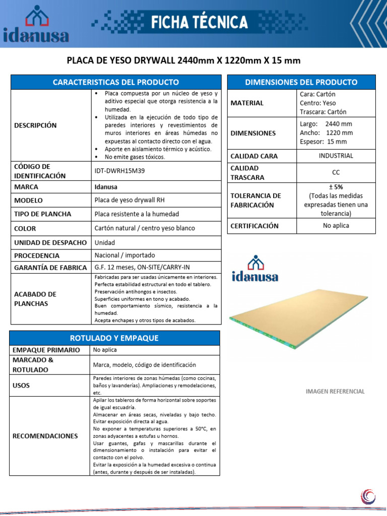 PLACA DE YESO DRYWALL 2440mm X 1220mm X 15 MM: Caracteristicas Del ...