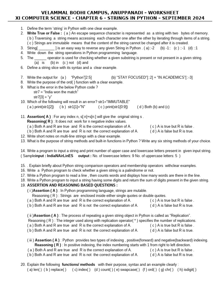 Python Strings Worksheet for XI CS | PDF | String (Computer Science ...