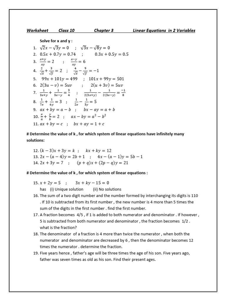 Class 10 Linear Equations Worksheet | PDF | Mathematical Analysis ...