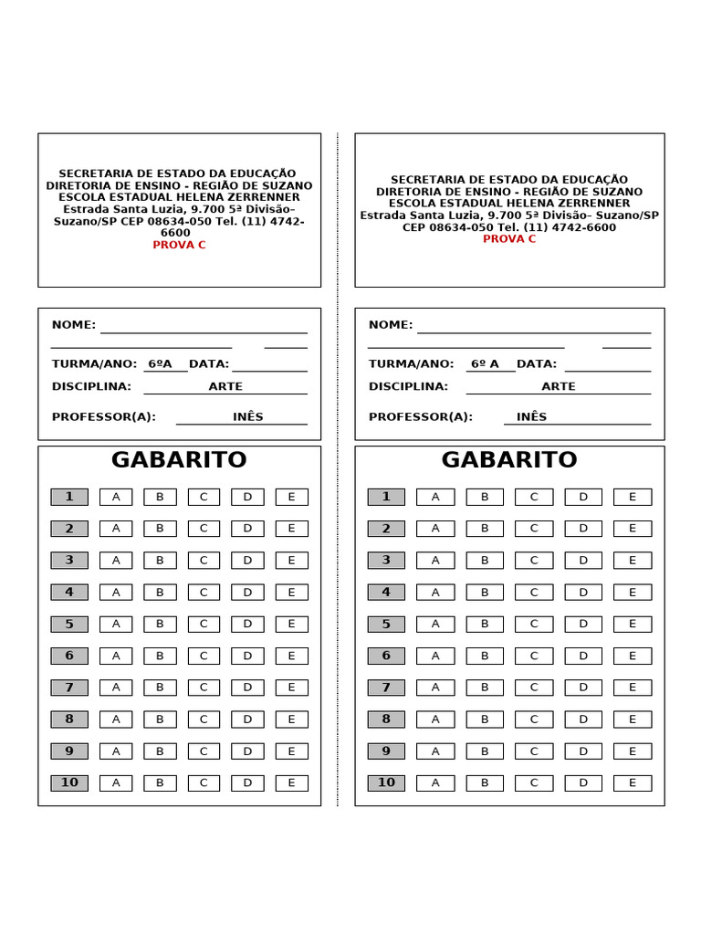 Modelo de Gabarito 2 Vias 10 Questoes 1 Via 20 Questoes | PDF ...