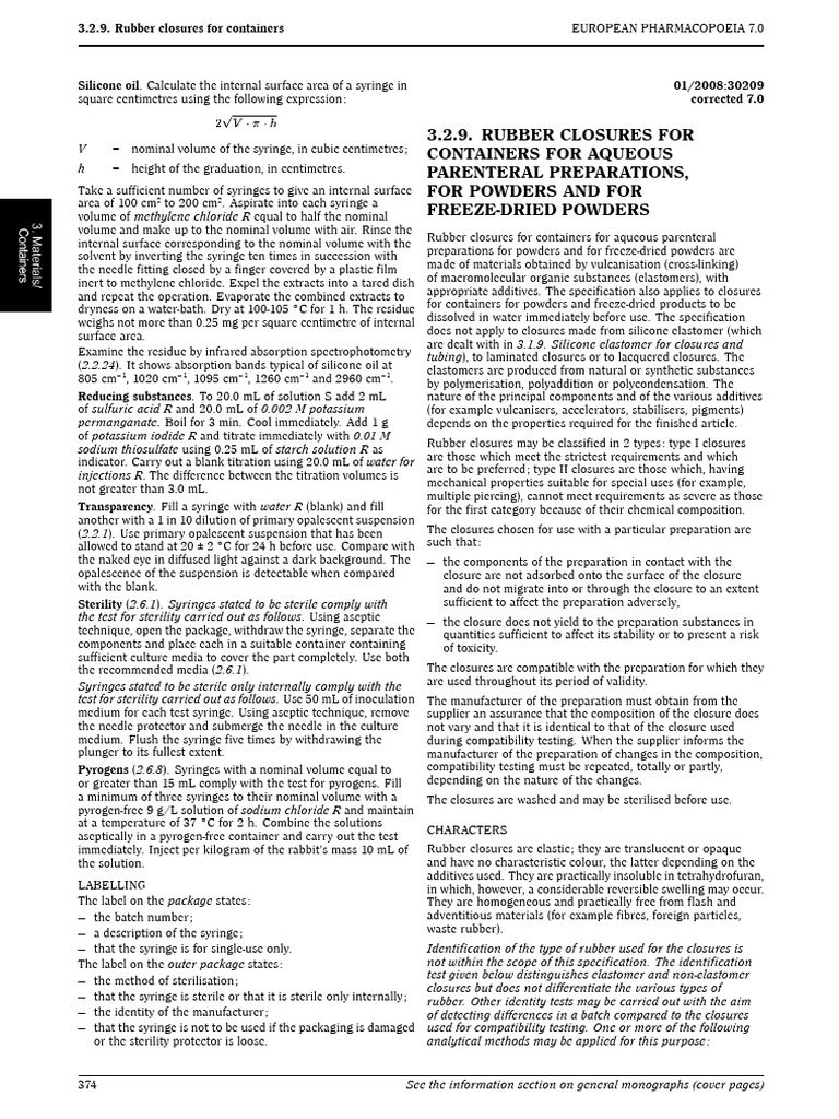 EP7 3.2.9 Rubber Closures | PDF | Sterilization (Microbiology) | Syringe