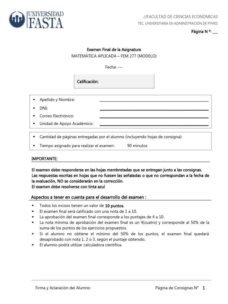 Exa Final Matematica Aplicada Modelo | PDF | Matemáticas