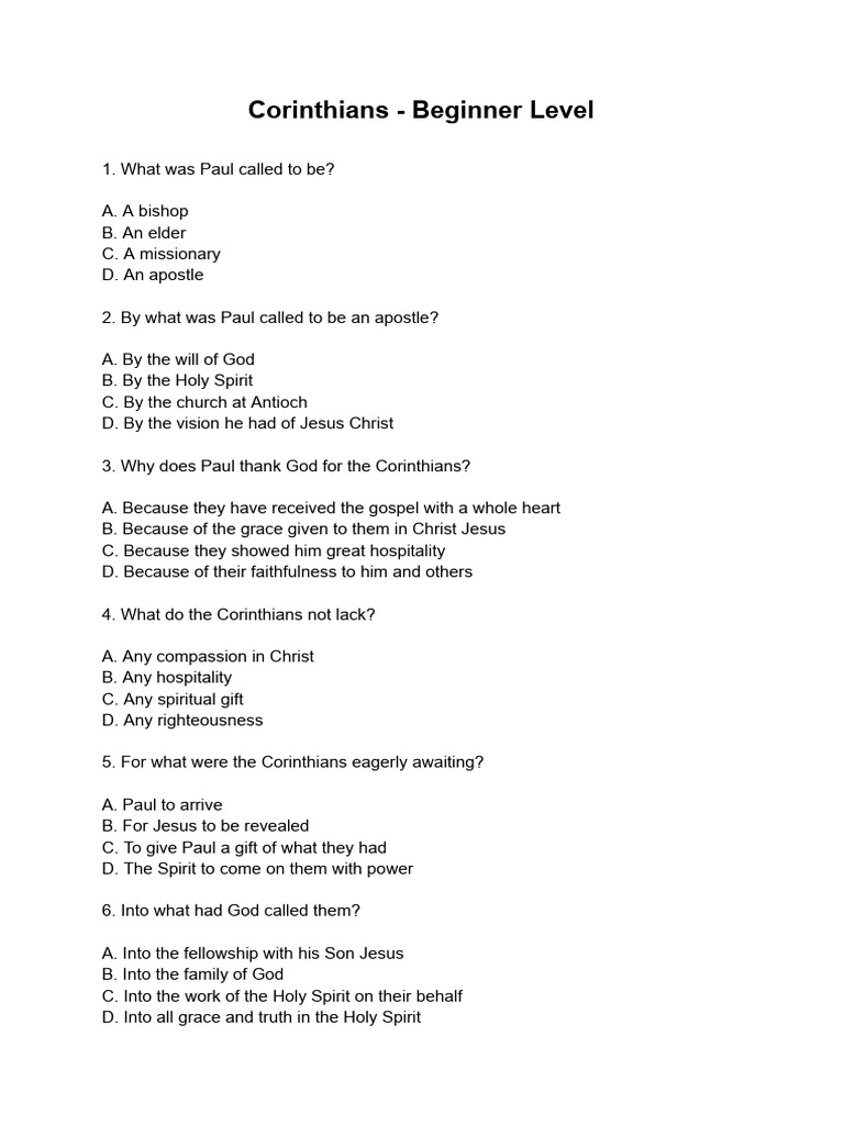 1 Corinthians Beginner Quiz | PDF | Paul The Apostle | Jesus