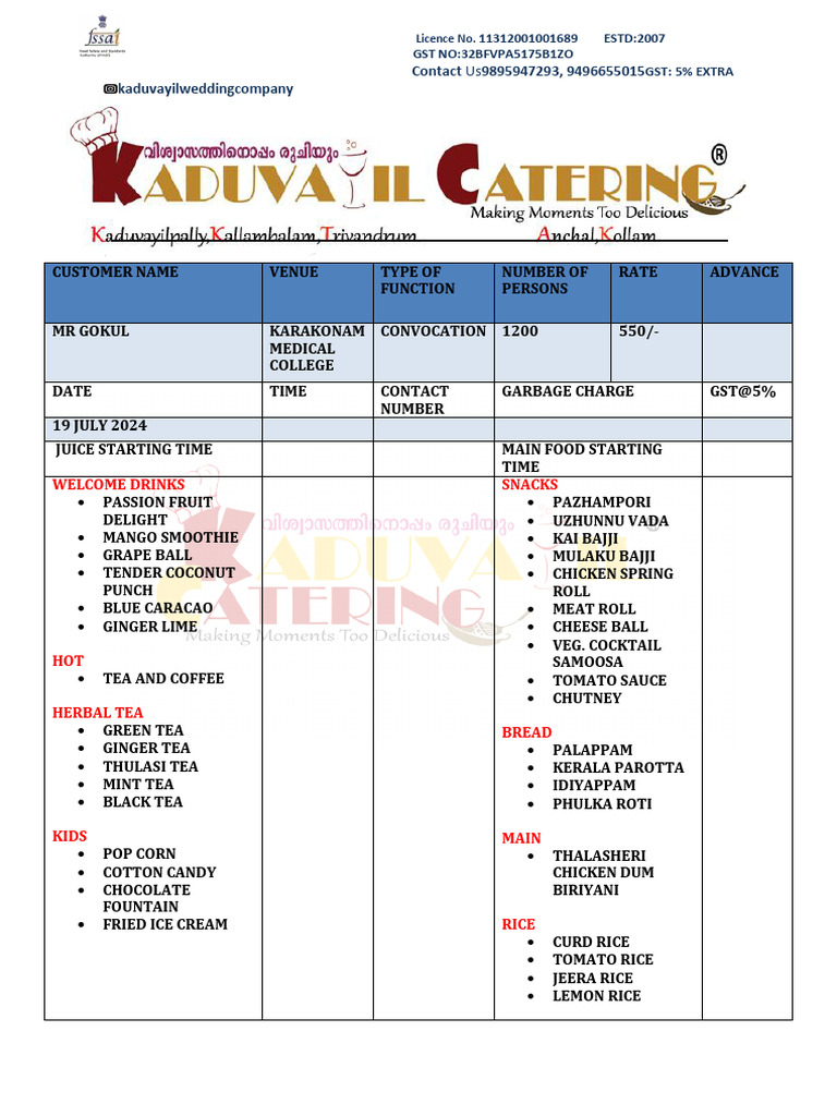 Kaduvayil Catering Non-Veg Menu | PDF | Chutney | Salad