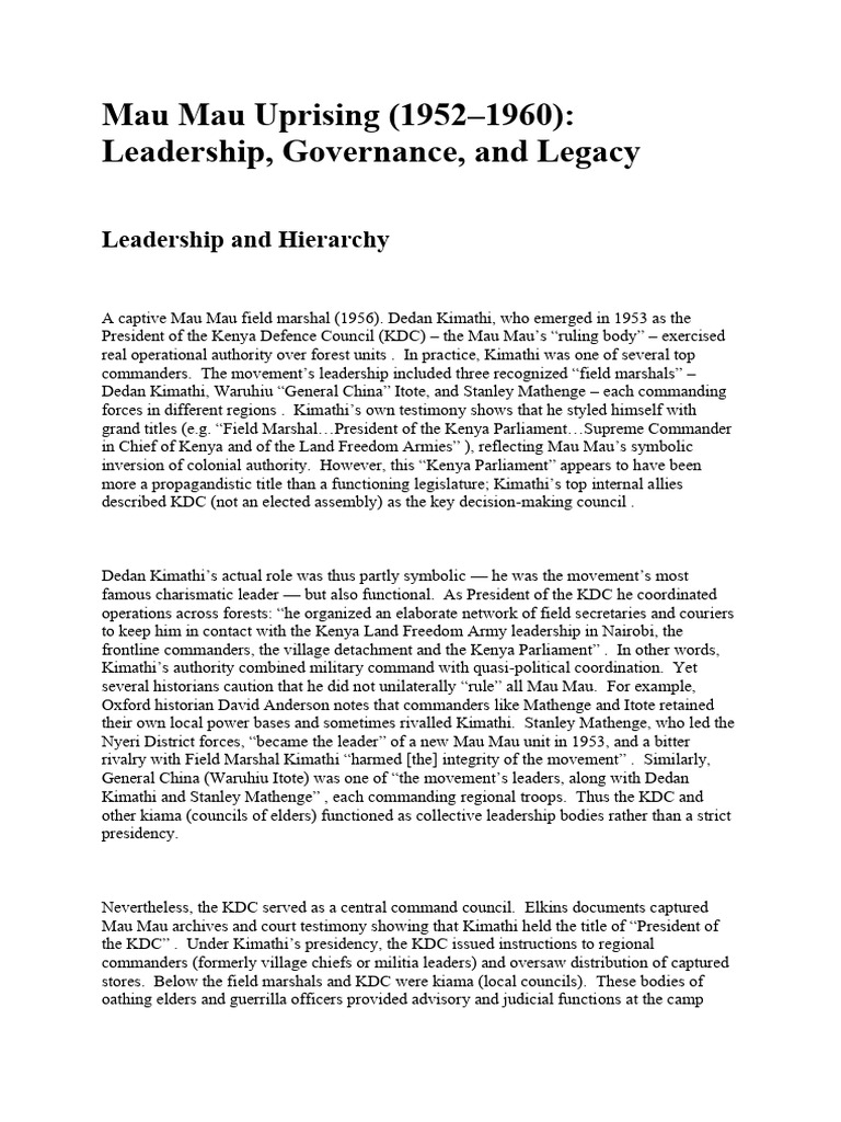 Mau Mau Uprising (1952–1960) Leadership, Governance, and Legacy | PDF ...