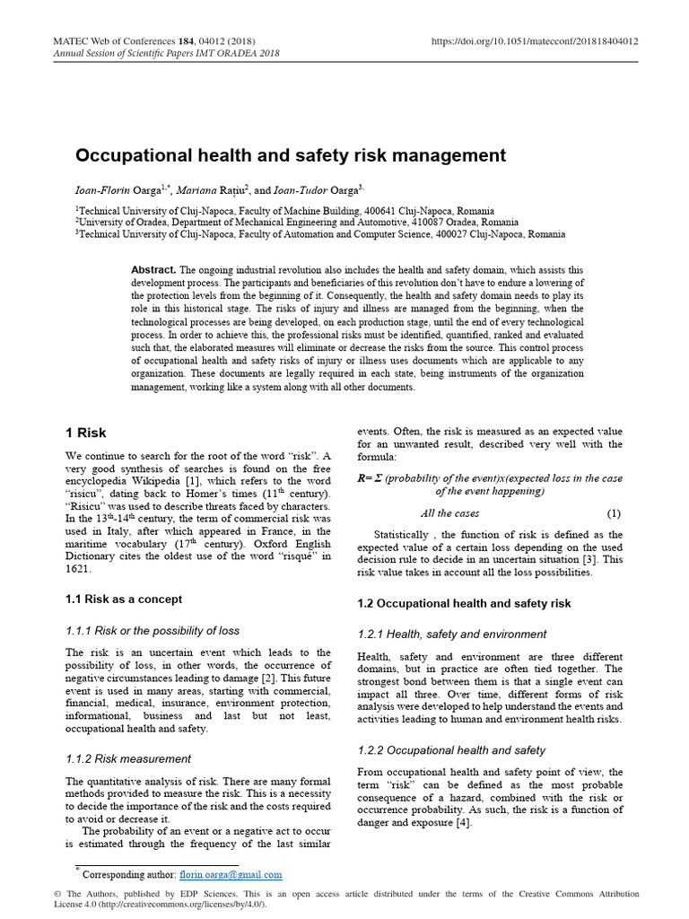 Occupational Health and Safety Risk Mana | PDF | Risk | Occupational ...