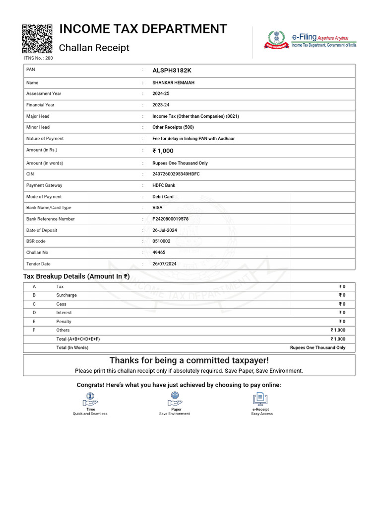 Income Tax Challan Receipt ITNS 280 | PDF | Payments | Taxes