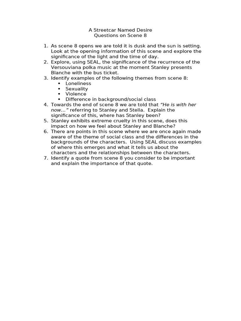 A Streetcar Named Desire Questions Scene 8 | PDF