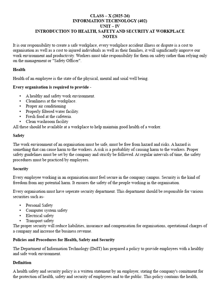 It Notes Unit-4 (Introduction To Health, Safety and Security at ...