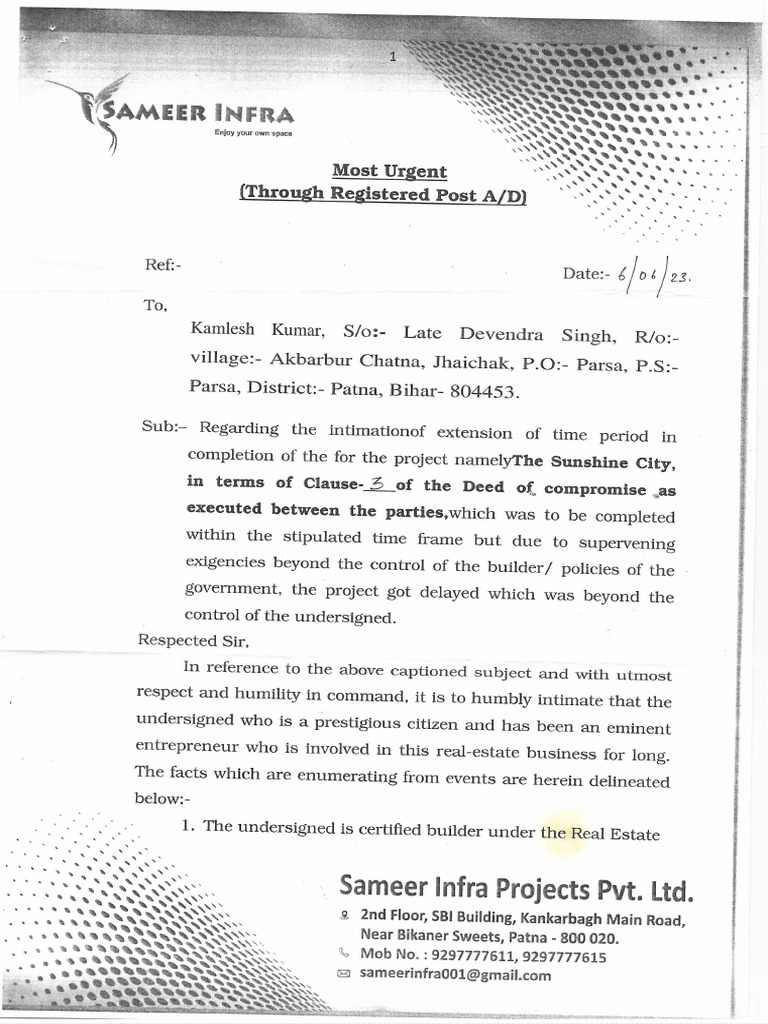 Sameer Infra Legal Notice | PDF