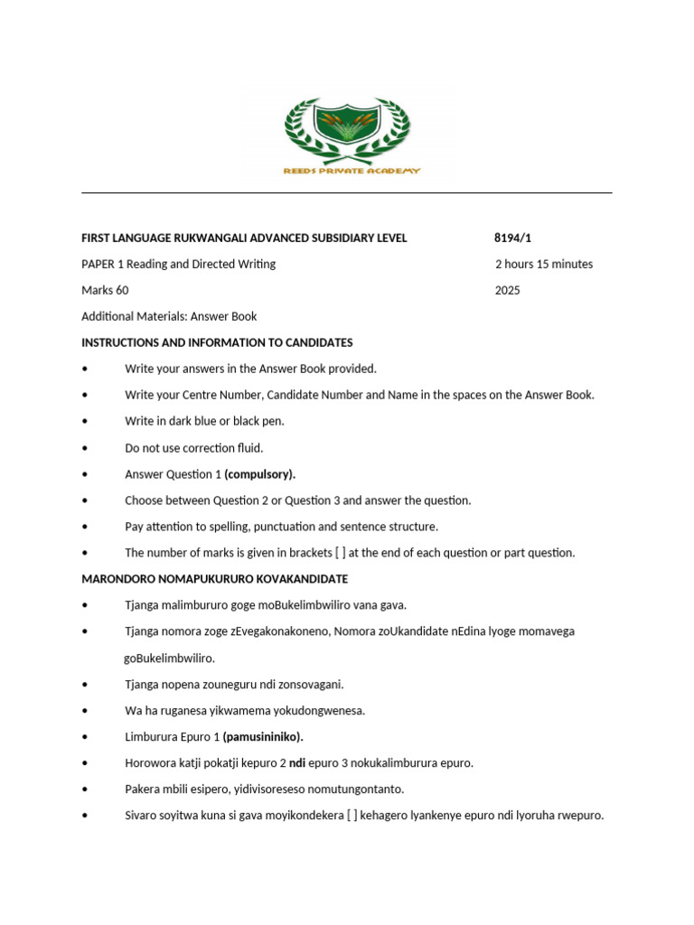 Rukwangali As Mock 1 2025 PDF | PDF