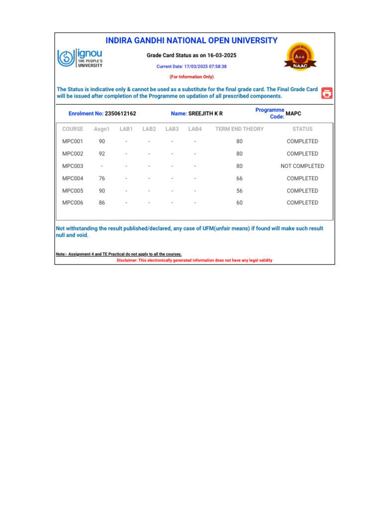 IGNOU MAPC 1st Year Assignment Status Grade Card | PDF