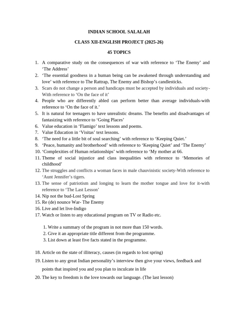 Class XII English Project Topics | PDF