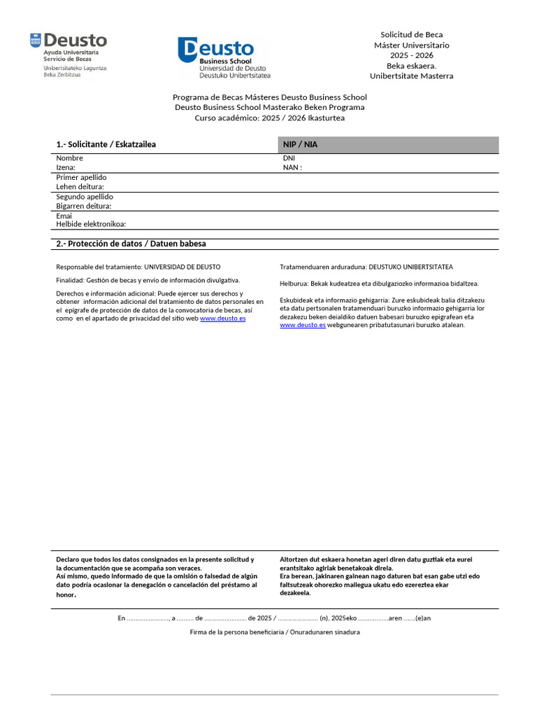 Impreso Solicitud DBS - Master ES-EU 25-26 | PDF