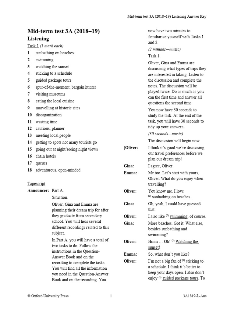 2018-19 Listening Test 3A Answer Key | PDF