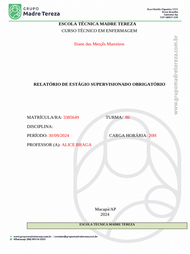 Modelo de Relatório de Estágio Enfermagem 2024 | PDF | Enfermagem