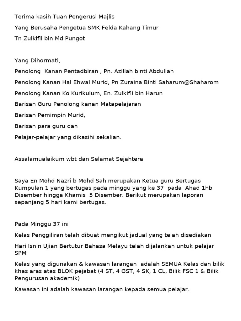 Laporan Nazri Guru Bertugas Kumpulan 1 Minggu 37 2024 | PDF