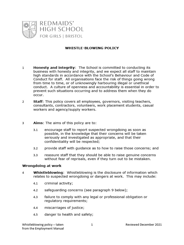 Whistleblowing Policy Overview | PDF | Justice | Crime & Violence