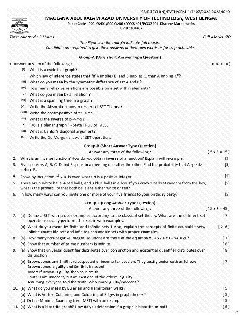 Discrete Mathematics - (PCC - CS401 - PCC-CS401 - PCCCS 401 - PCCCS401 ...
