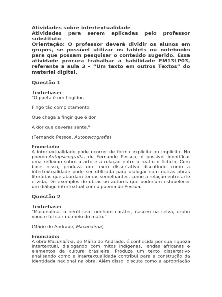 Atividades Sobre Intertextualidade - Professor Substituto - Dias 6 e 7 - Primeiros Anos - Sem ...