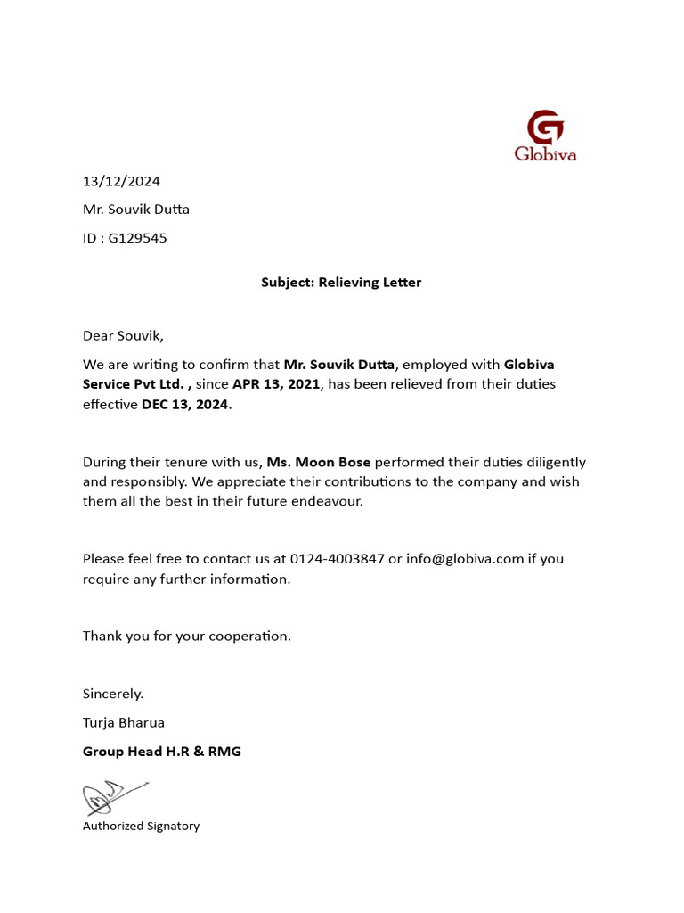 Releaving Letter Souvik | PDF