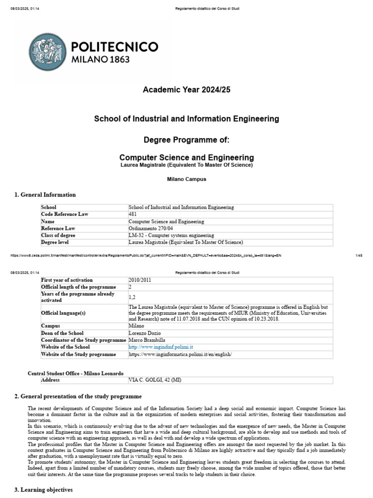Course outline Computer Science and Engineering Polimi | PDF | Academic Degree | Engineering