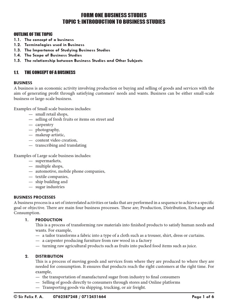 Topic 1 - Introduction To Business Studies | PDF | Goods | Entrepreneurship