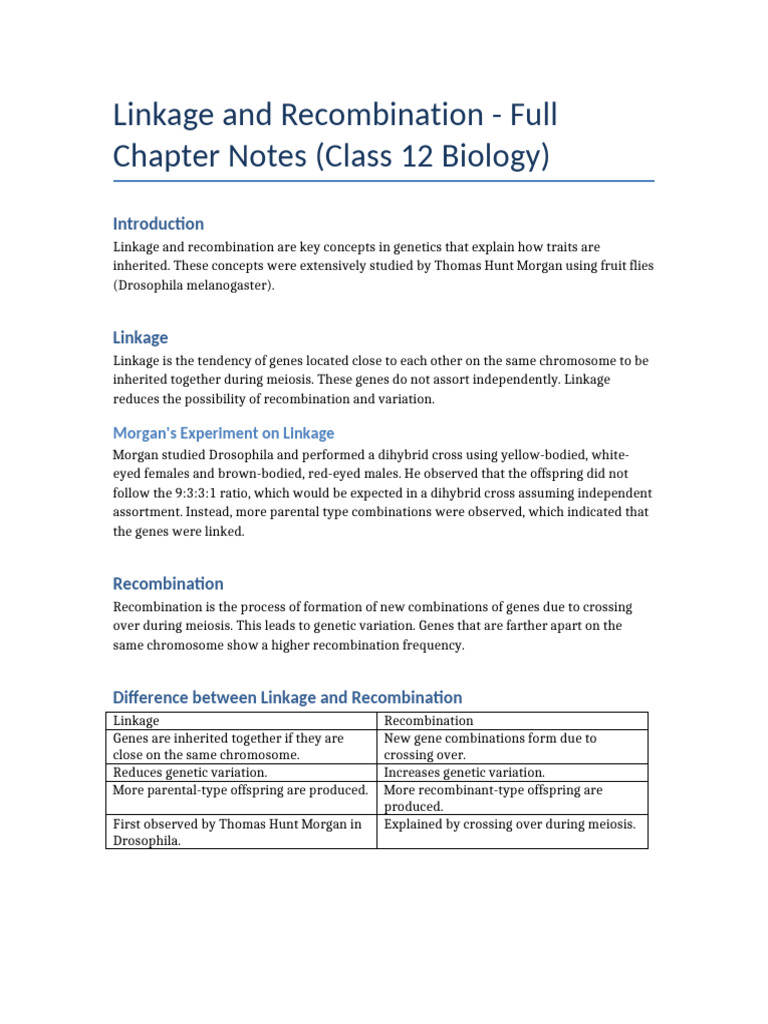 Linkage and Recombination Full Chapter Notes Class12 | PDF