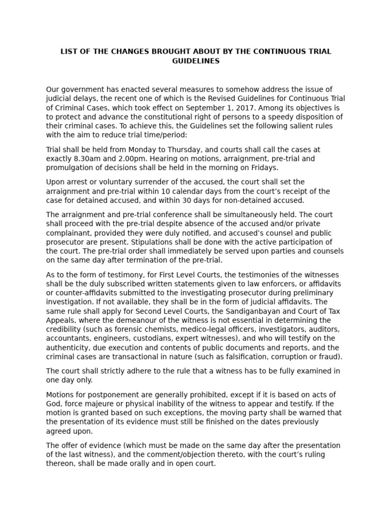 LIST OF THE CHANGES BROUGHT ABOUT BY THE CONTINUOUS TRIAL GUIDELINES ...