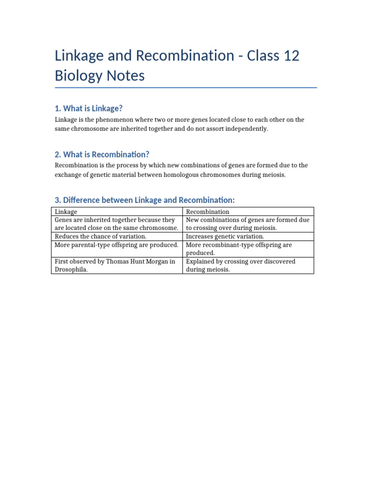 Linkage and Recombination Notes Class12 | PDF