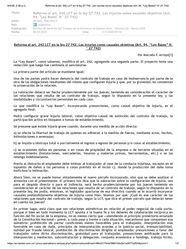 Reforma Al Art. 242 LCT en La Ley 27.742. Las Injurias Como Causales Objetivas (Art. 94, - Ley ...