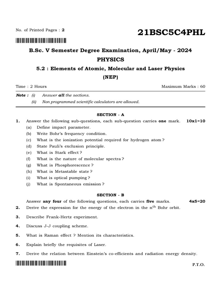 Atomic and Laser Physics Exam Guide | PDF | Laser | Emission Spectrum