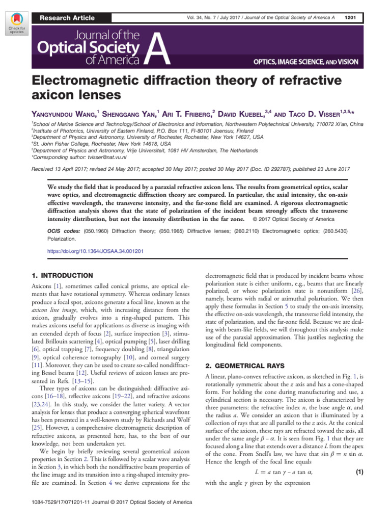 Eletromagnetic Diffraction Theory of Refractive Axicon Lenses | PDF ...