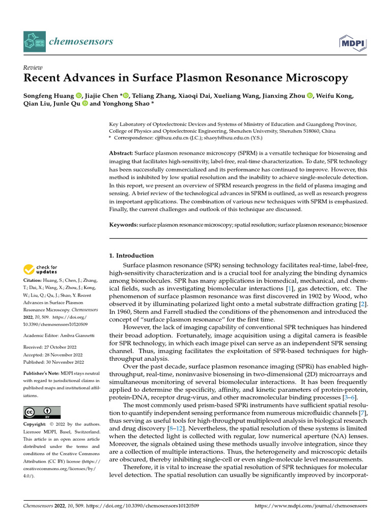 Recent Advances In Surface Plasmon Resonance Microscopy Pdf Surface