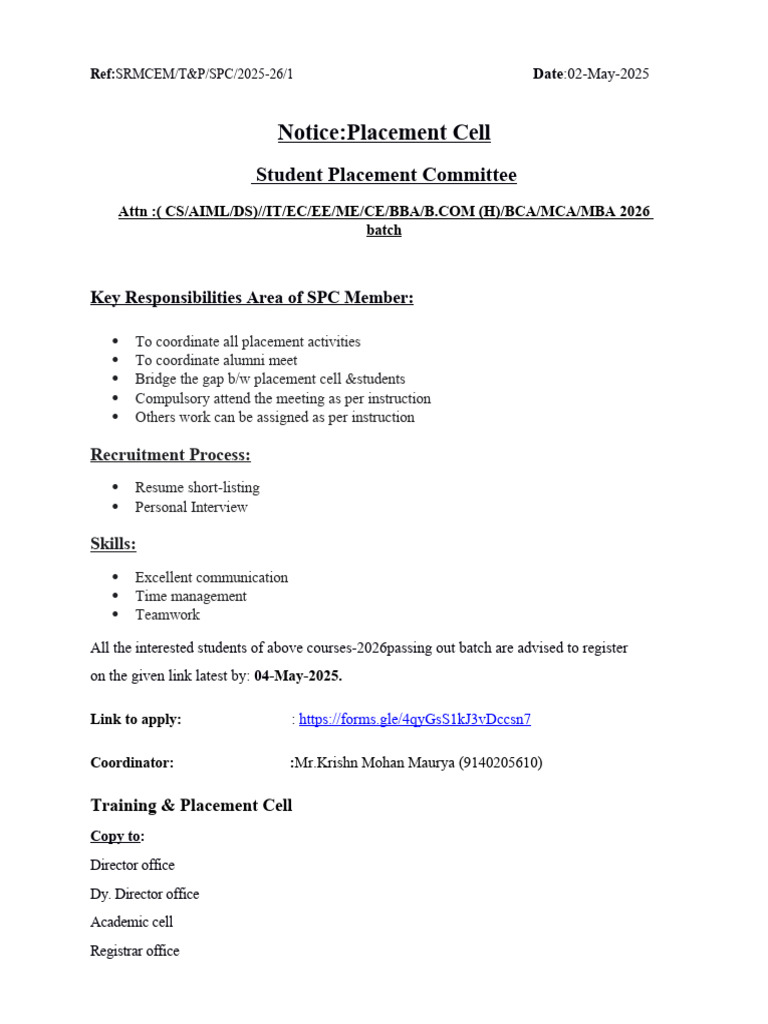 Recruitment of Students Placement Commitee Member 2026 Passout Batch | PDF