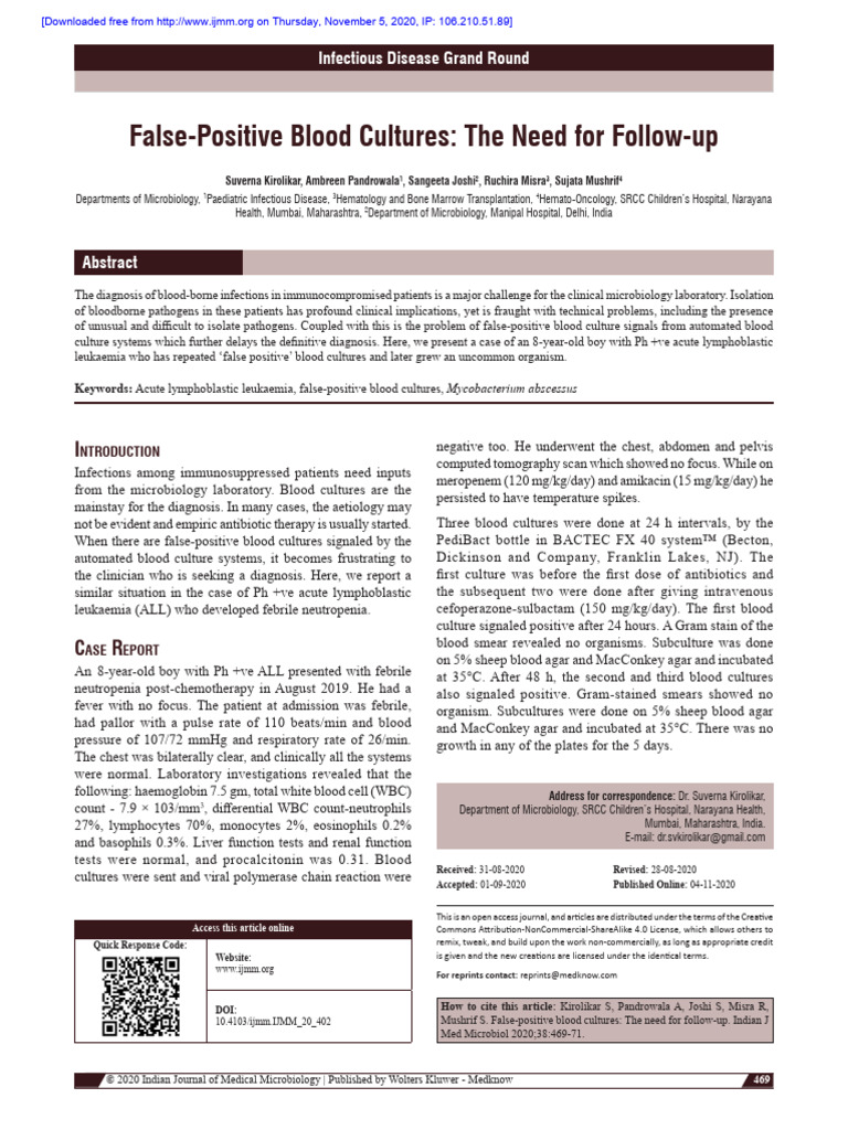 False-Positive Blood Cultures in ALL | PDF | Infection | Immunology