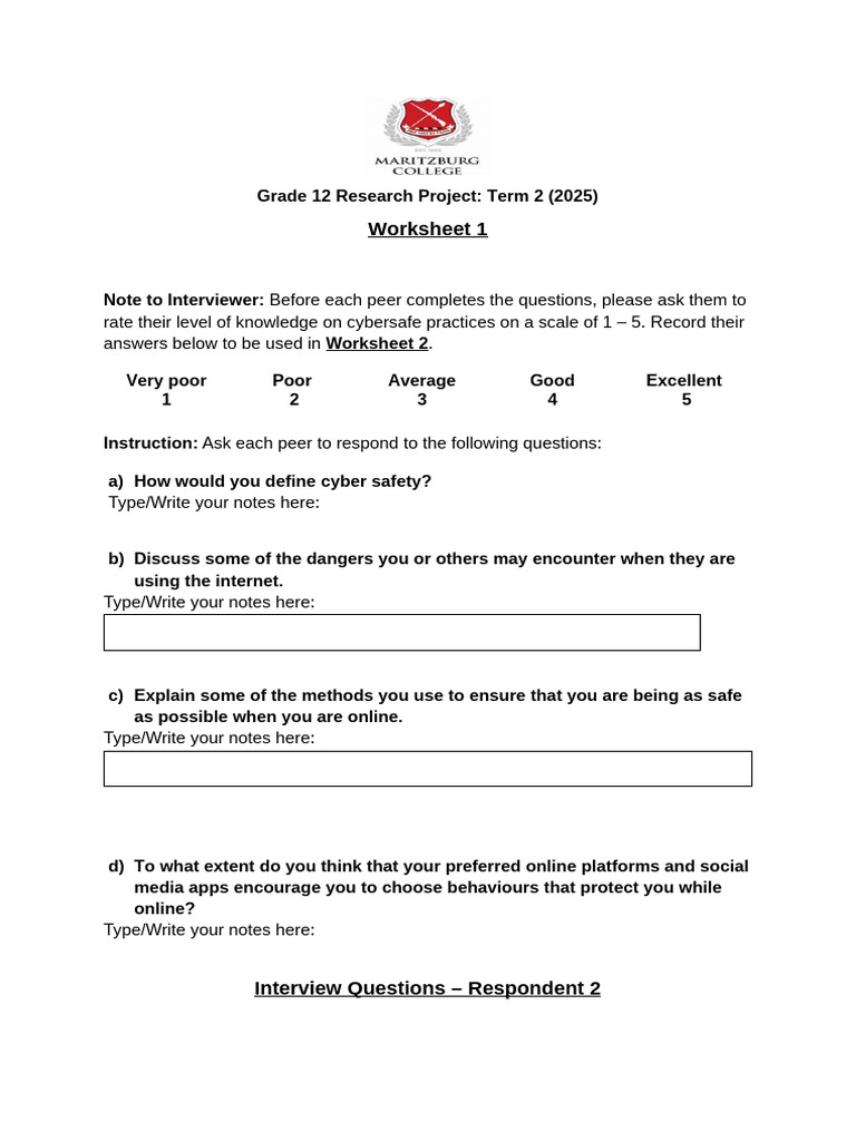 Grade 12 Research Project - Worksheet 1 - Interview Questions Repost | PDF