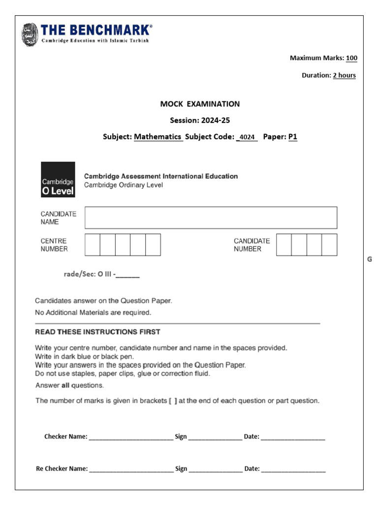 Mock Examination Session: 2024-25 Subject: Mathematics Subject Code: Paper: P1 | PDF