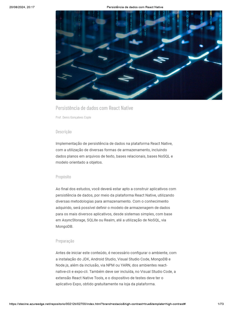 Tema 3 - Persistência de Dados Com React Native | PDF | SQL | Bancos de dados