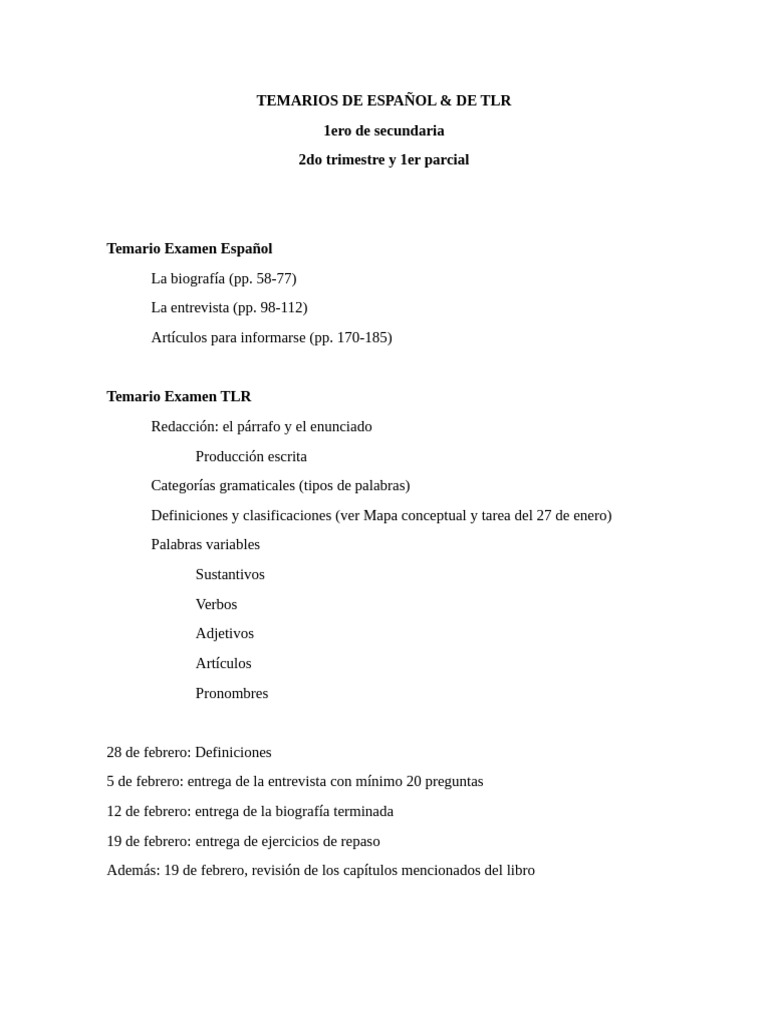 28 de Enero. Temario 1 Sec Español y TLR | PDF