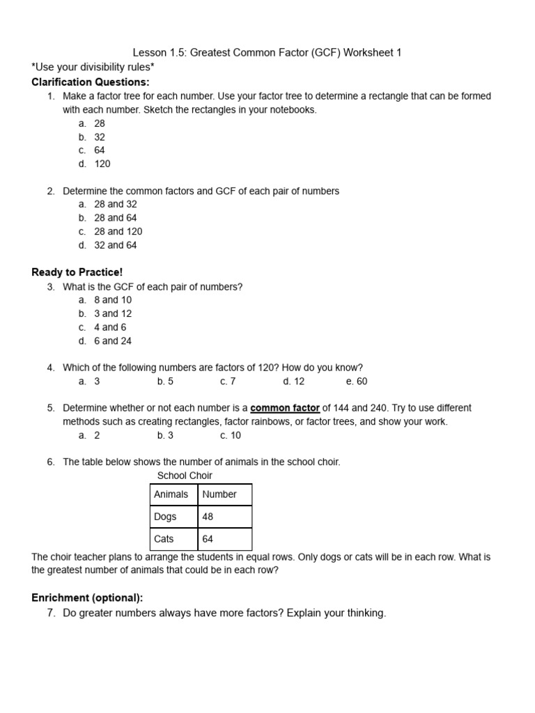 Lesson 1.5 GCF WORKSHEET 1 | PDF
