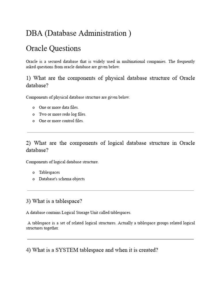 DBA (Oracle) Ques | PDF | Pl/Sql | Databases